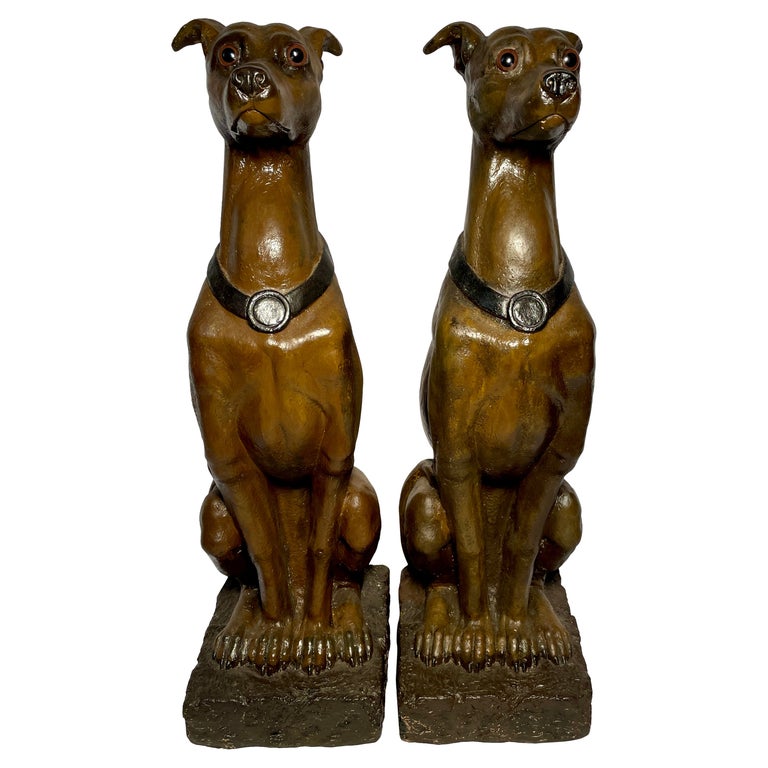Pair Estate Italian Terracotta Porcelain Dog Statues with Glass Eyes ...