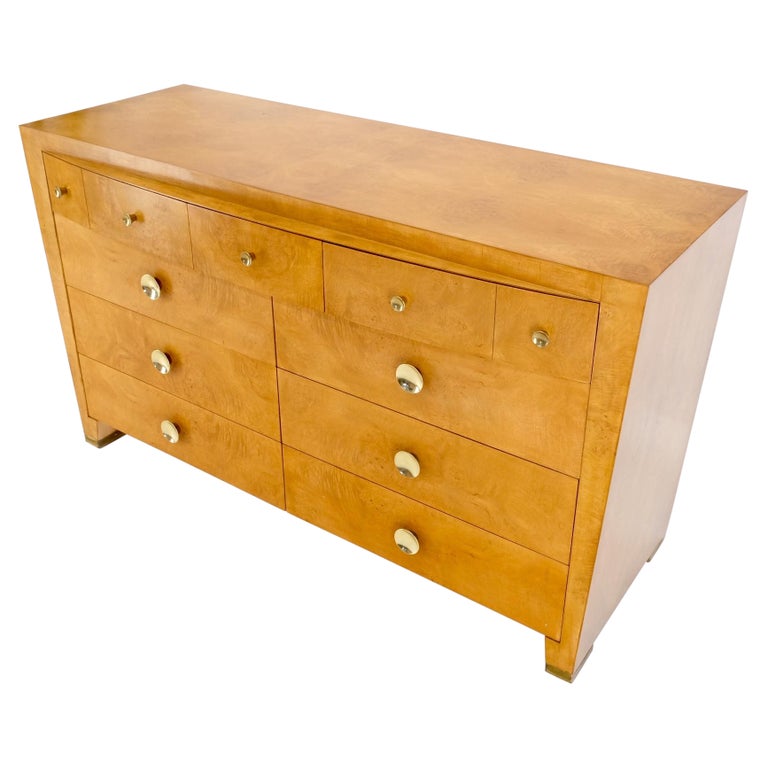 9 Drawers Art Deco Mid-Century Modern Burl Wood Bow Front Dresser Brass ...