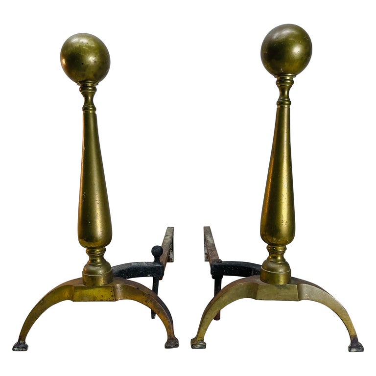 1950s Brass Round Ball Andirons, Pair For Sale at 1stDibs
