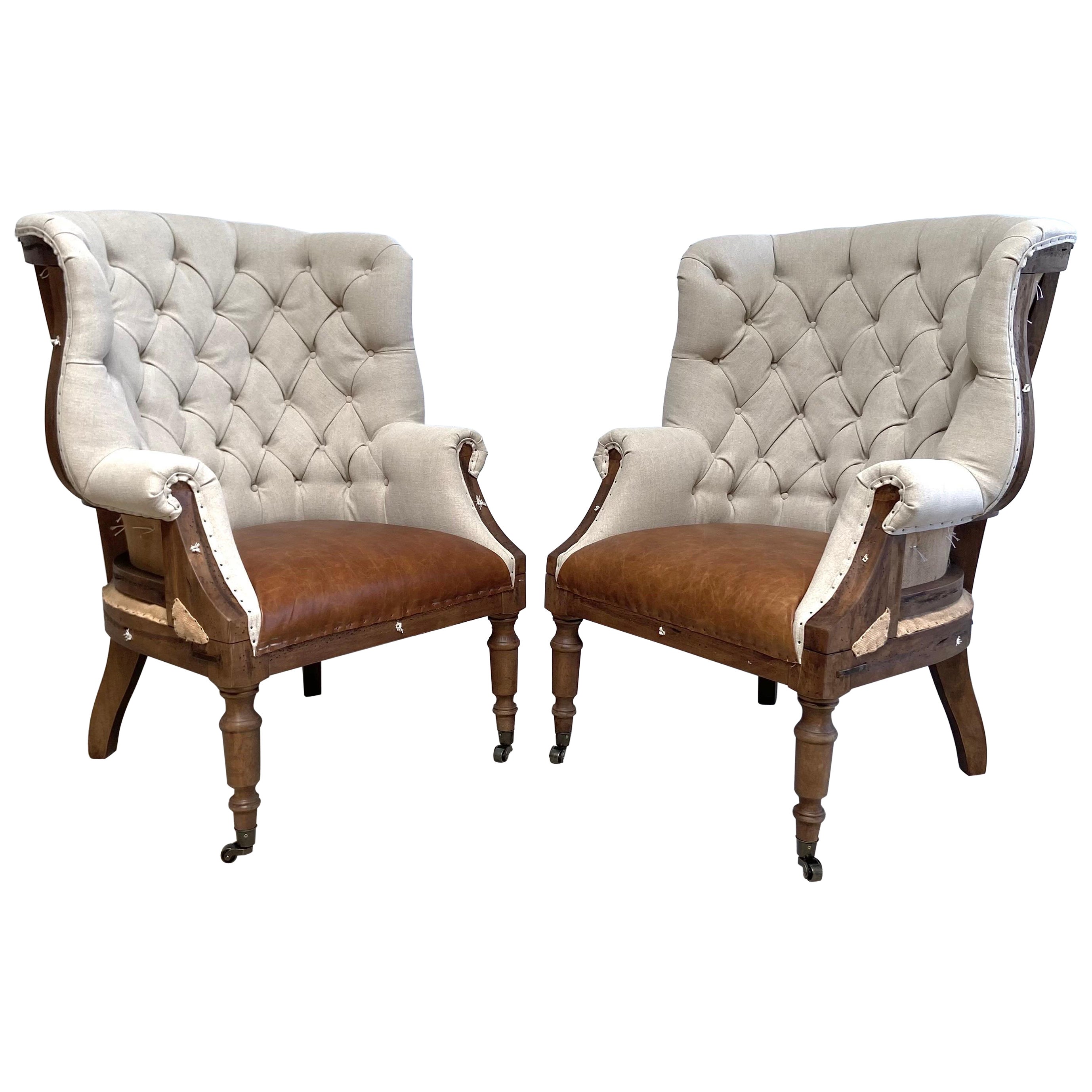 Linen and Leather Deconstructed Wing Back Chair with Caster Wheels For ...