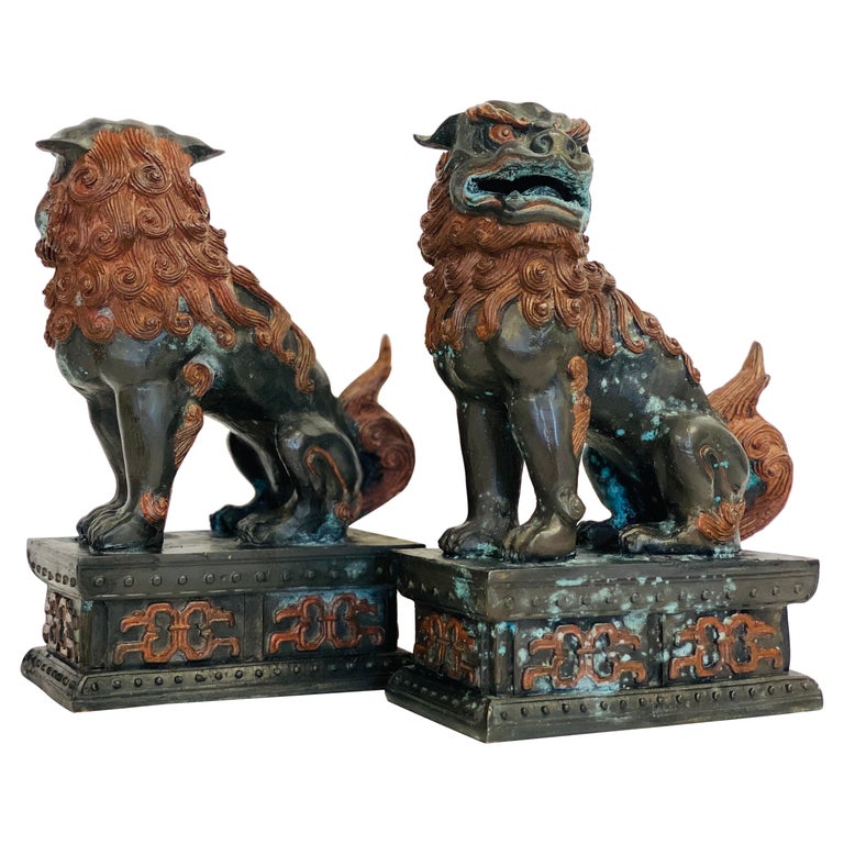 1960s Chinese Metal Cooper Foo Dog Bookends, a Pair For Sale at 1stDibs