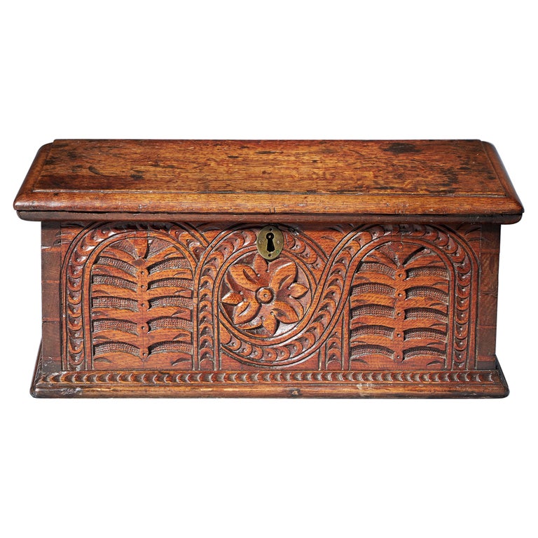 Rare William and Mary 17th Century Carved Oak Deeds Box of Small ...