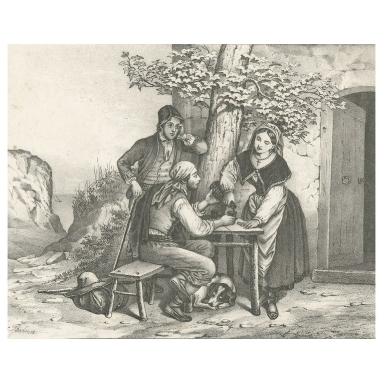 German Antique Print of People Having a Farewell or Goodbye Drink, C ...