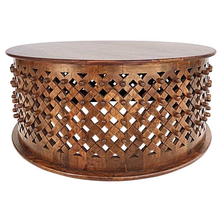 Carved Wood Criss-Cross Grained Drum Coffee Table For Sale at 1stDibs