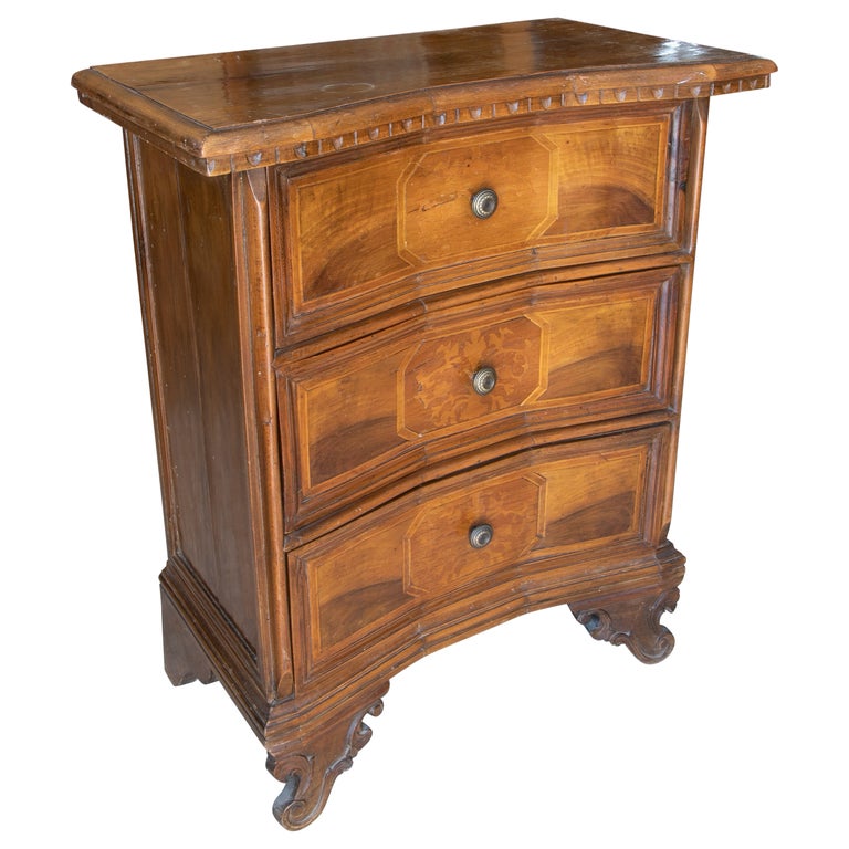 Walnut Wood Chest with Inlays and Three Drawers For Sale at 1stDibs