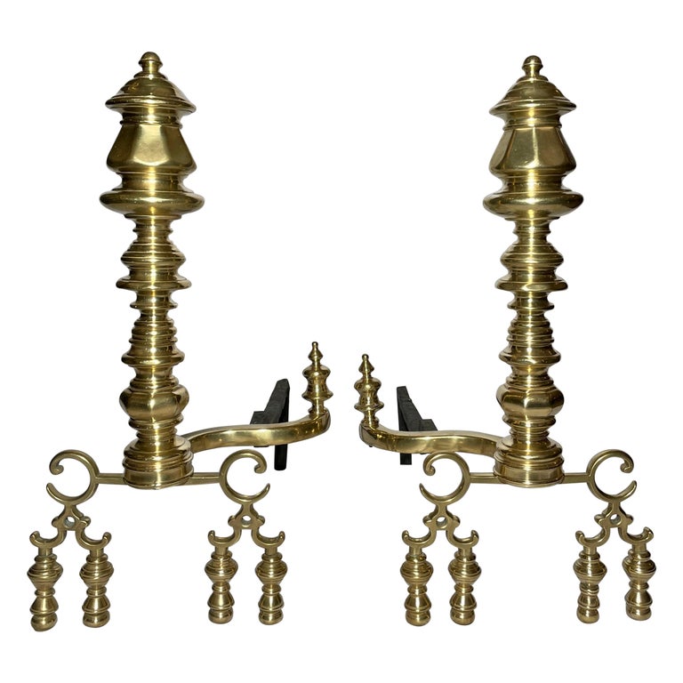 Antique English Polished Brass Fireplace Andirons, circa 1860 For Sale ...