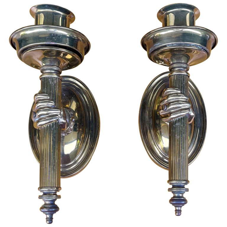 Mid-Century Neo-Classical Style Brass Hand Holding Torch Sconces, Pair ...