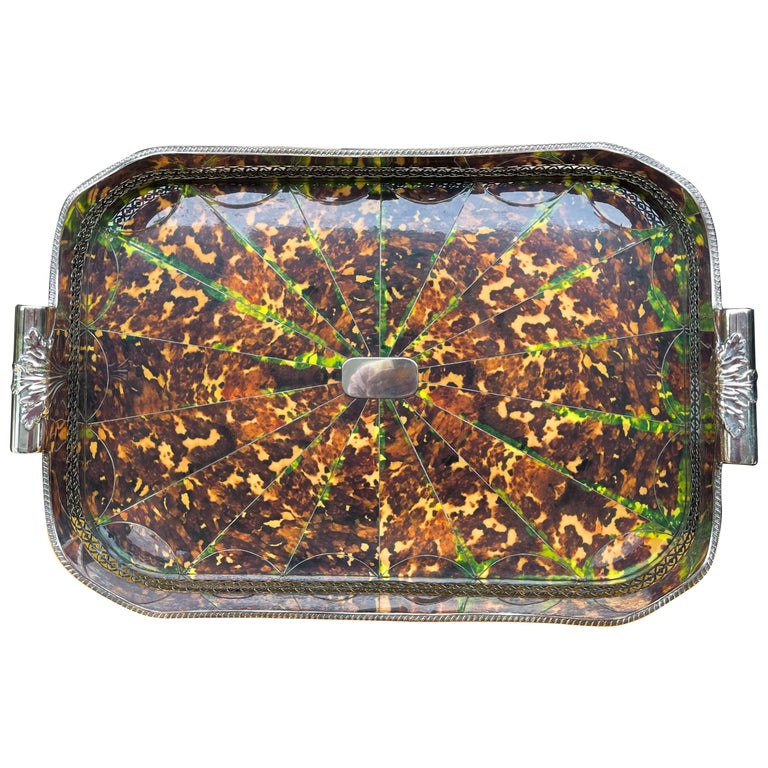 English Style Faux Tortoise Shell Silver Plated Serving / Bar Tray W ...