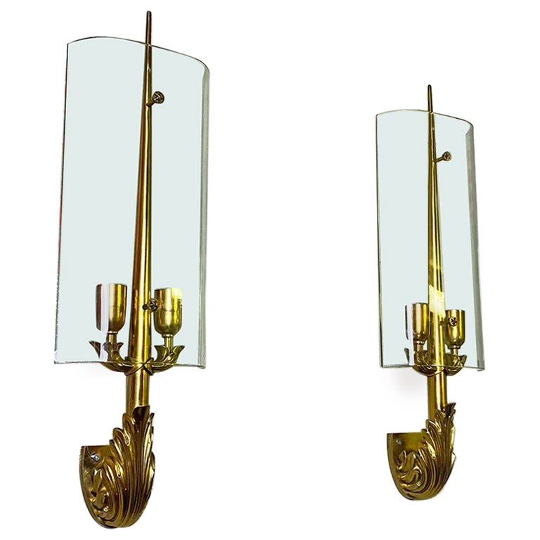 Italian Mid-Century Modern Cast Brass and Crystal Pair of Appliques ...