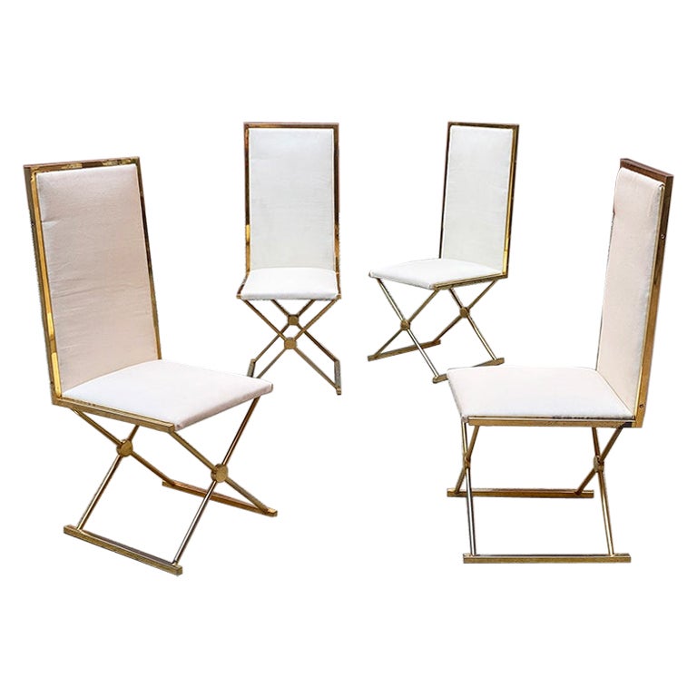 Italian Post Modern Set of Four Brass and White Fabric Chairs, 1980s ...