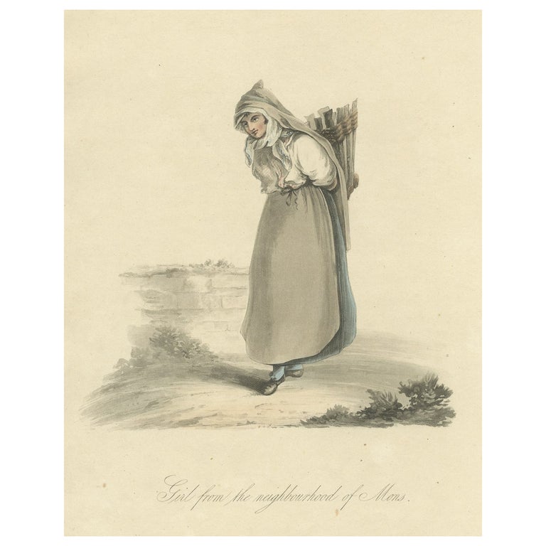 Decorative Engraving of a Girl from Mons or Bergen in Hainaut, Belgium ...