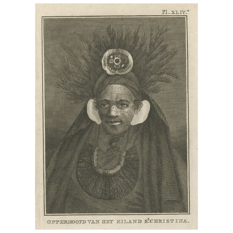 Antique Print of a Chief of the Island Christina, the Marquesas Islands ...