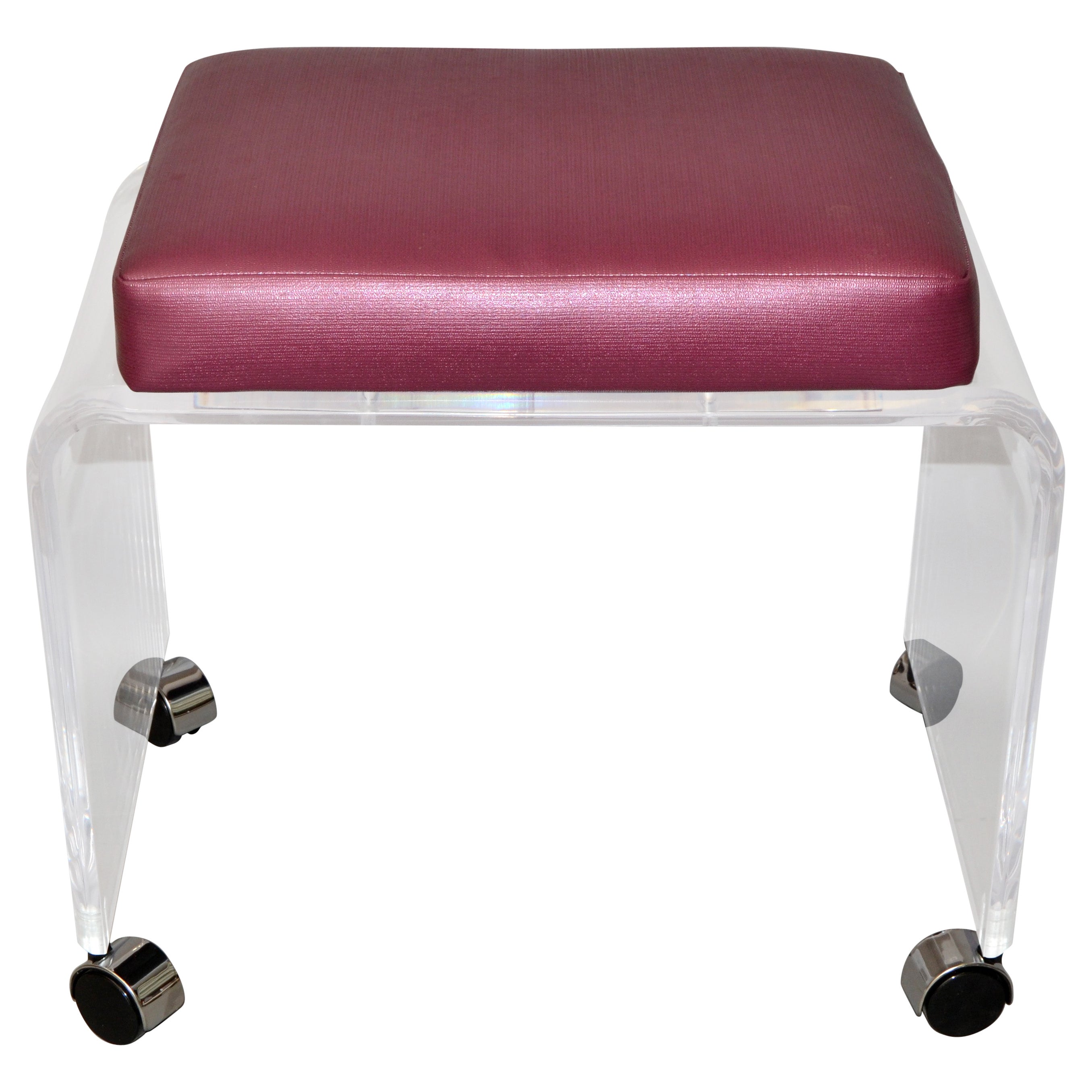 Mid-Century Modern Lucite Stool, Vanity Stool Magenta Vinyl Seat Chrome ...