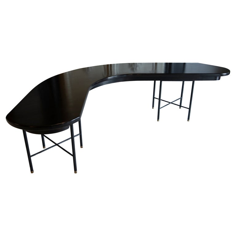 1970's Italian Curved Black Wood Writing Table, steel base with Brass ...