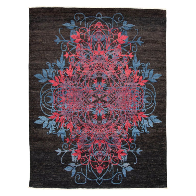 Modern and Transitional Dual-Medallion Blue and Pink Hand-Knotted ...
