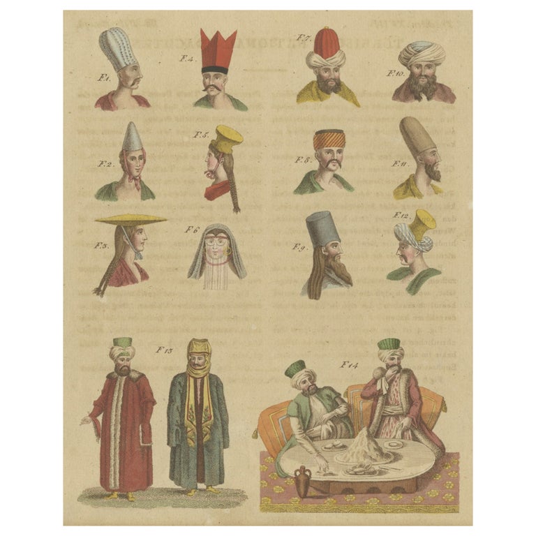 Antique Print of Turkish Headgear and Costumes 'Turkey', 1810 For Sale ...