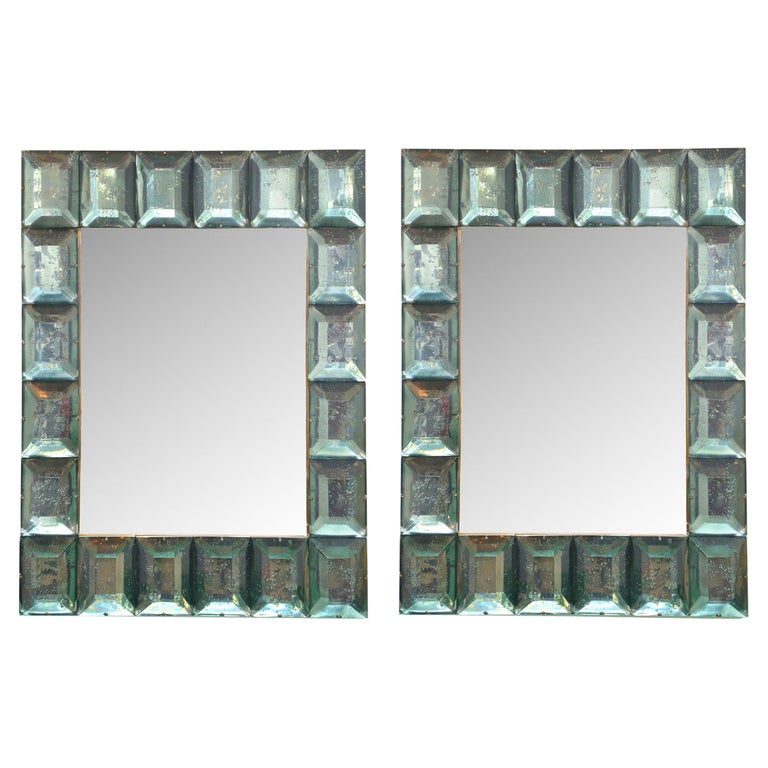 Pair of Contemporary Sea Green Diamond Murano Glass Blocks Mirror, In ...