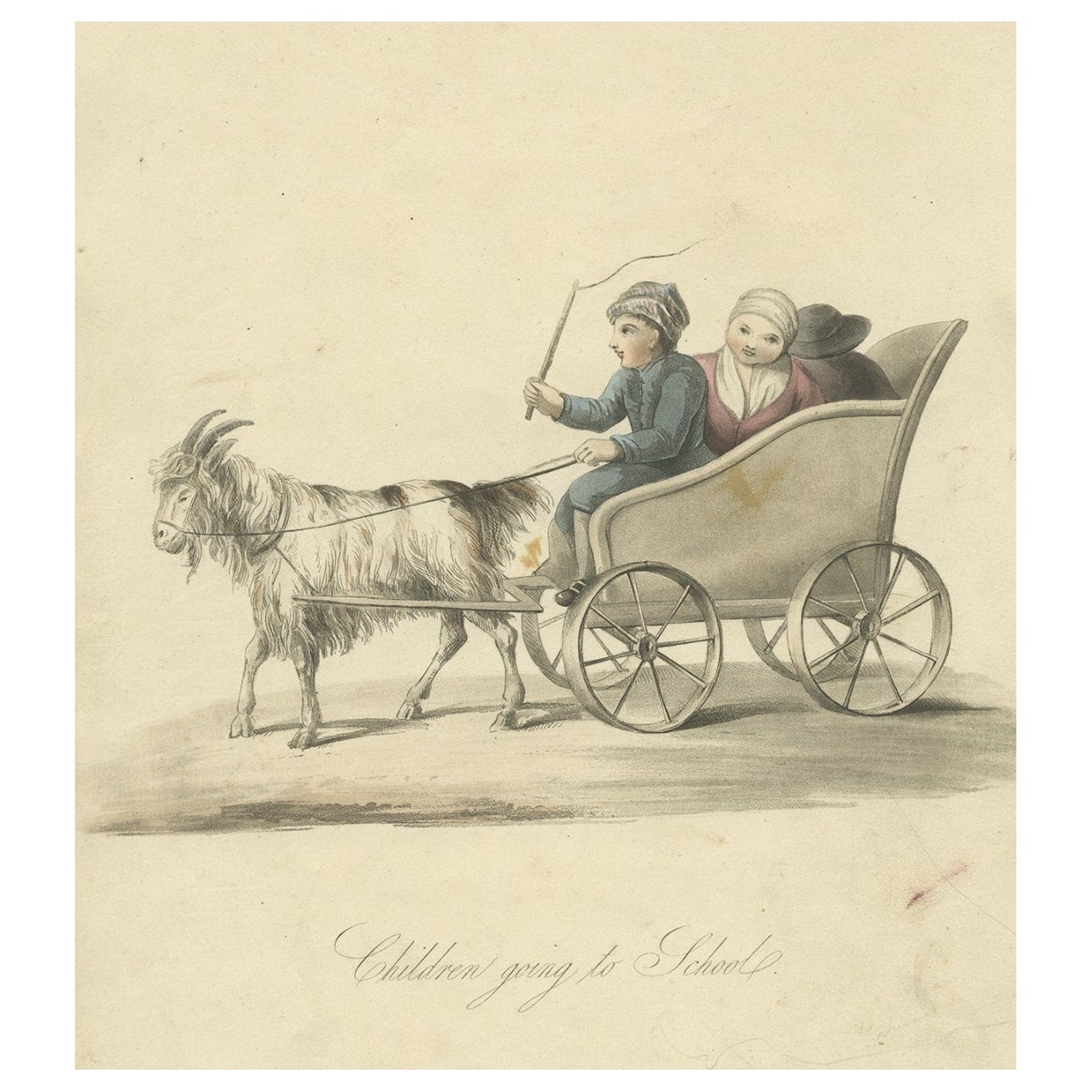 Antique Print of Children Going to School in a Goat Car in Holland ...