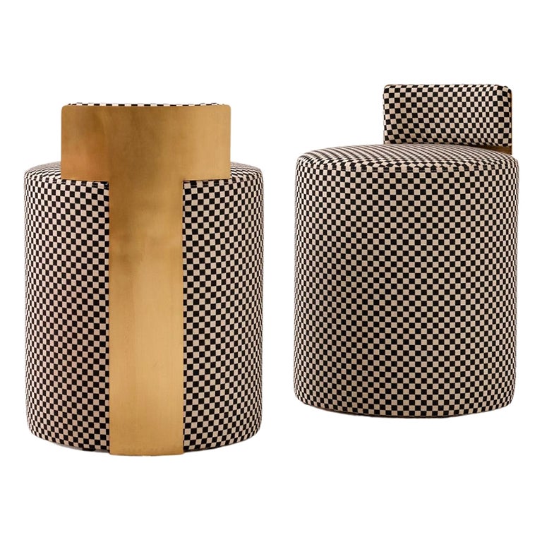 Gina Upholstered Checkered Stool with Brass Back For Sale at 1stDibs