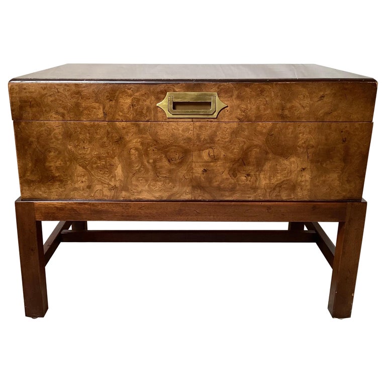 Campaign Style Box on Stand in Brass and Burl Walnut For Sale at 1stDibs