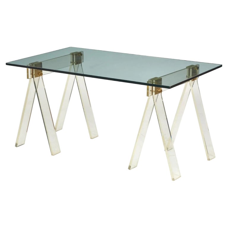 Esstisch oder Schreibtisch aus Lucite, Messing und Glas mit ...