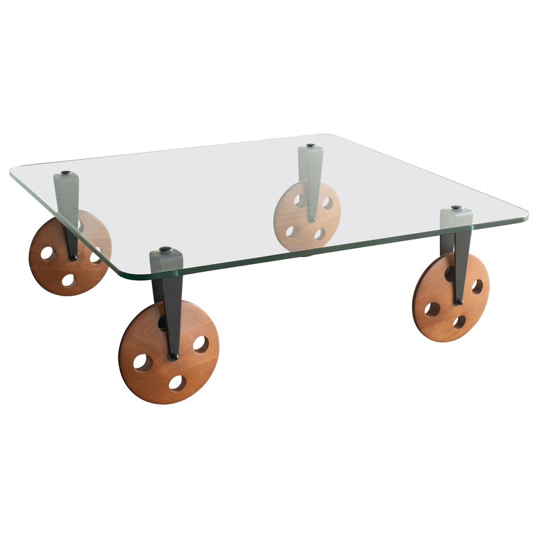 Glass Table with Wood Wheels Gae Aulenti Style at 1stDibs