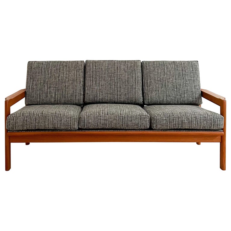 Mid-Century Modern Solid Teak Slatted Back Sofa with New Grey ...