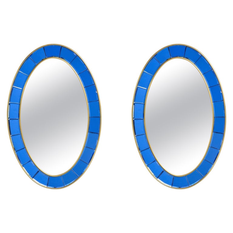 Cristal Art Rare Pair of Oval Blue Hand-Cut Beveled Glass Mirrors For ...