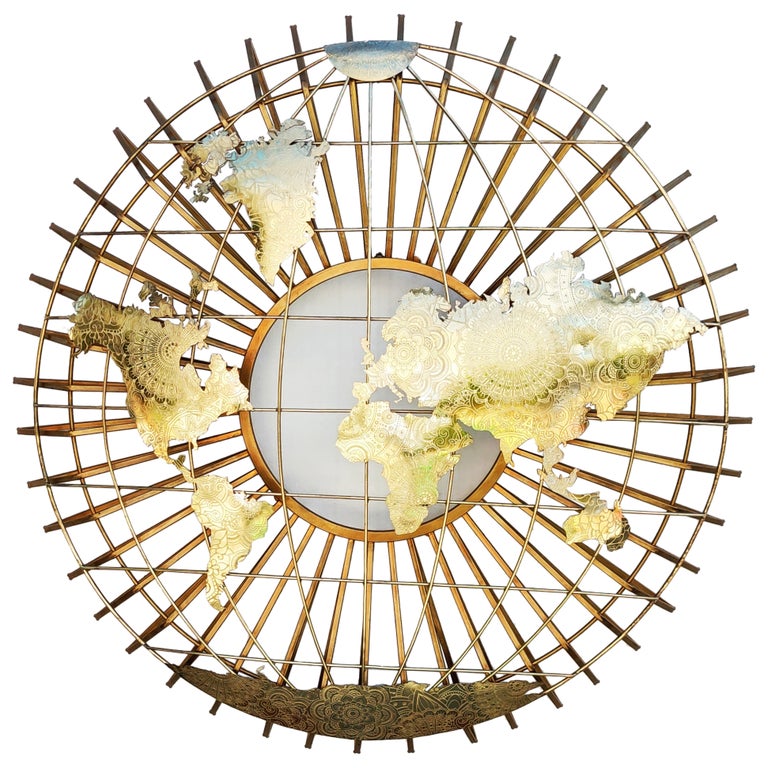 Large Metal and Brass World Globe Map Wall Sculpture, Spain 1970s For ...