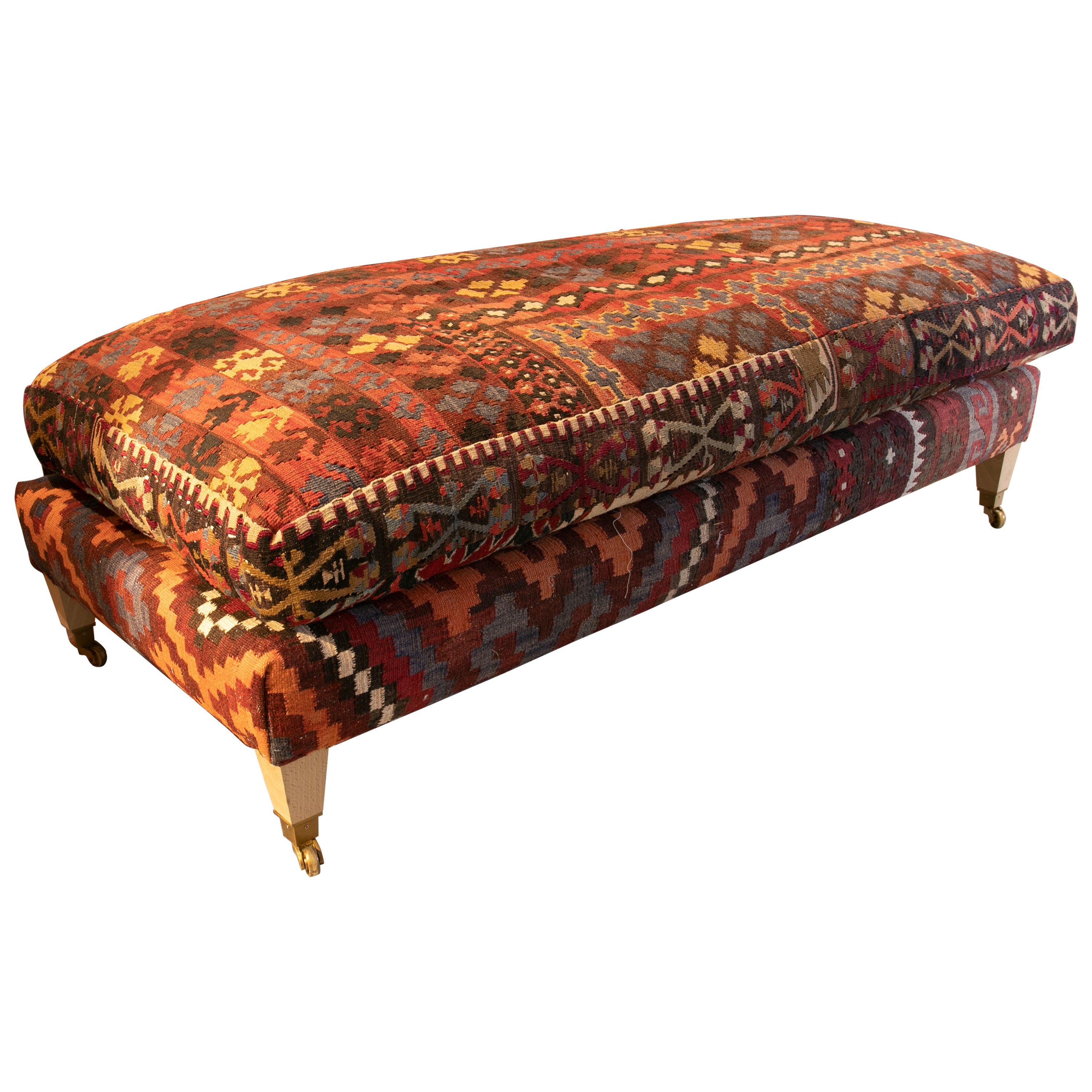 Antique Kilim Upholstered Pouffe with Four Wooden Legs and Brass ...