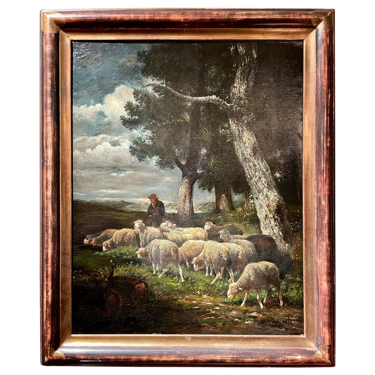 Antique French Oil on Canvas Pastoral Painting by Charles-Émile Jacque ...