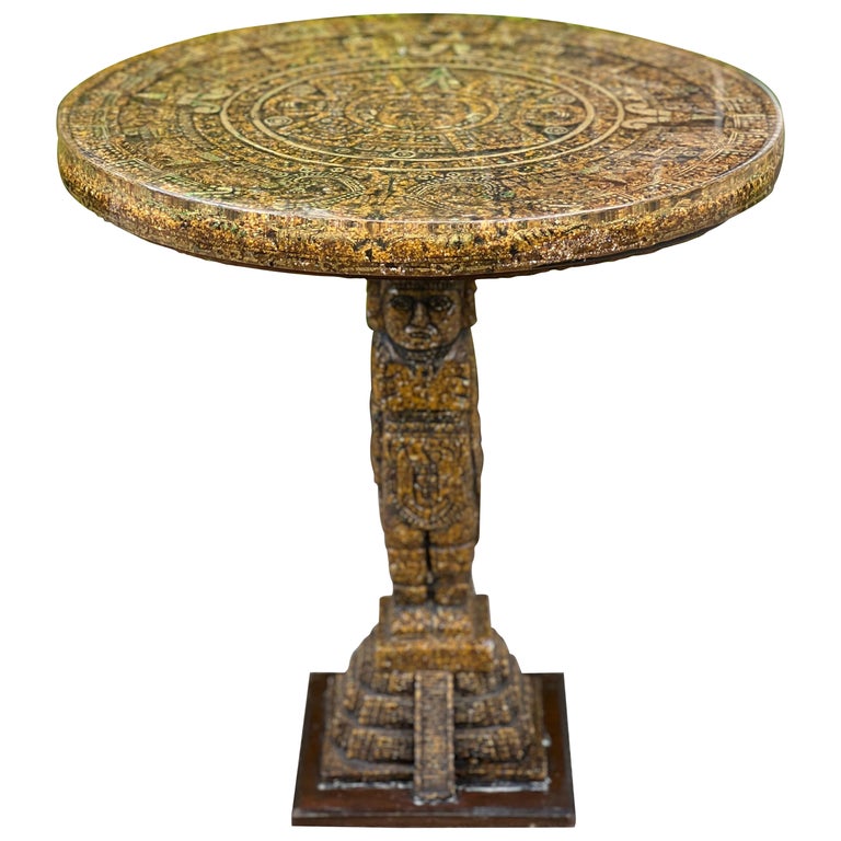 Vintage Aztec Sun Calendar Carved Stone Pedestal Table in Lucite ...