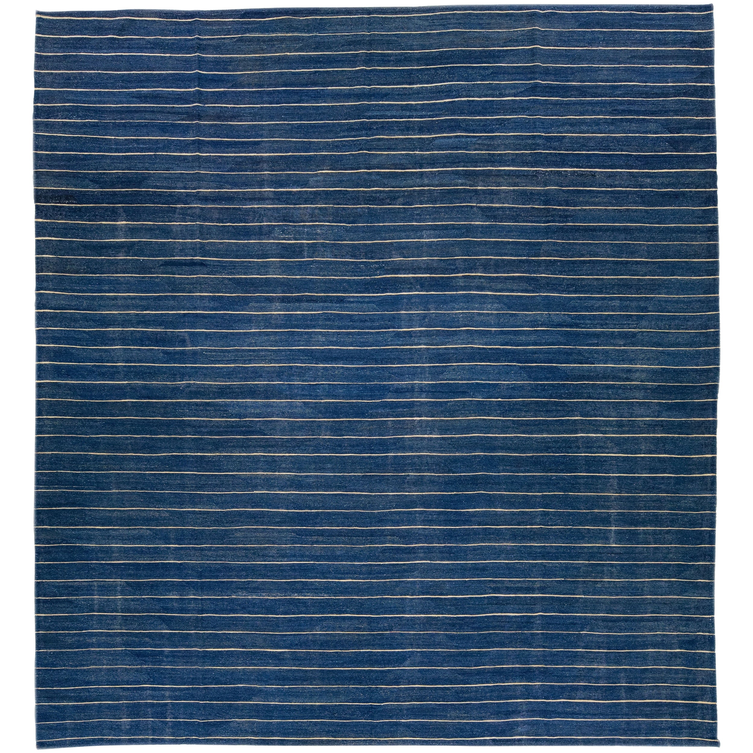Modern Kilim Flat-Weave Navy Blue Oversize Wool Rug with Stripe Pattern ...