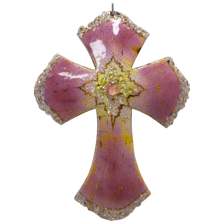 French Wall Jesus Cross Pink Enameled Copper from Limoges Mid-Century ...