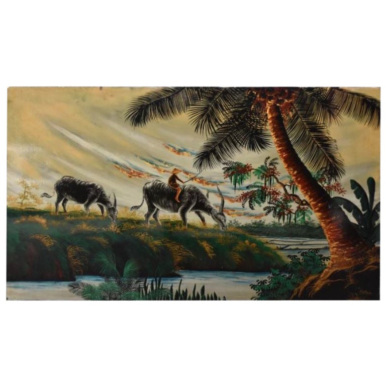 Large Hanoi Lacquer Panel with Water Buffalo For Sale at 1stDibs