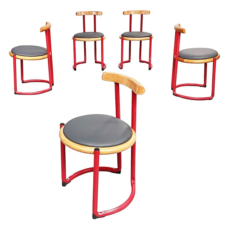 Italian Mid-Century Round Red Metal, Leather Wood Chairs by Tito Agnoli ...