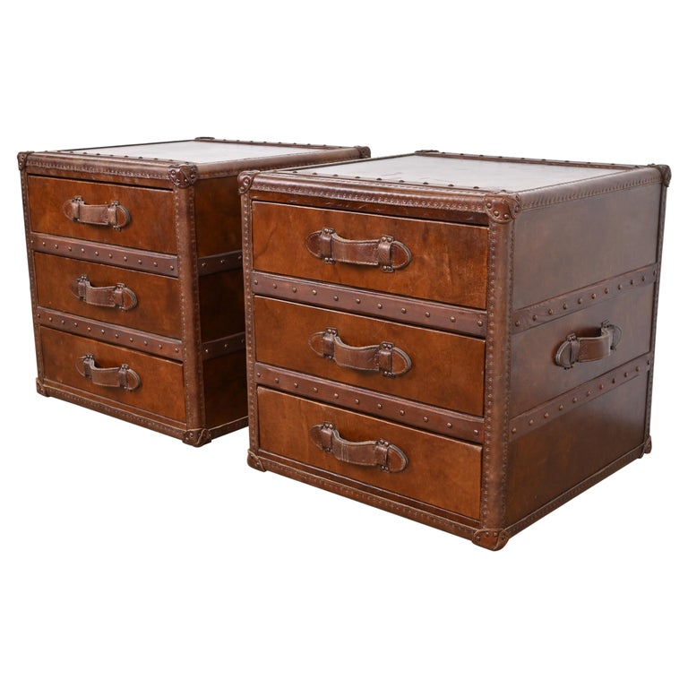 Ralph Lauren Style Leather Wrapped Trunk Form Bedside Chests, Pair at ...