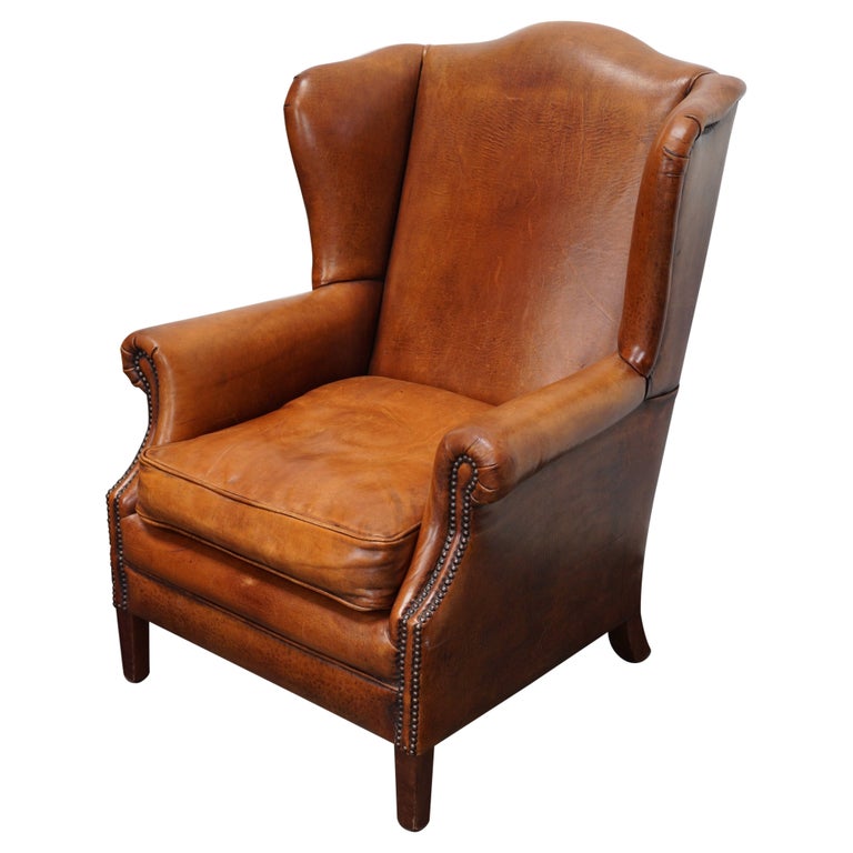 Vintage Dutch Cognac Colored Wingback Leather Club Chair at 1stDibs