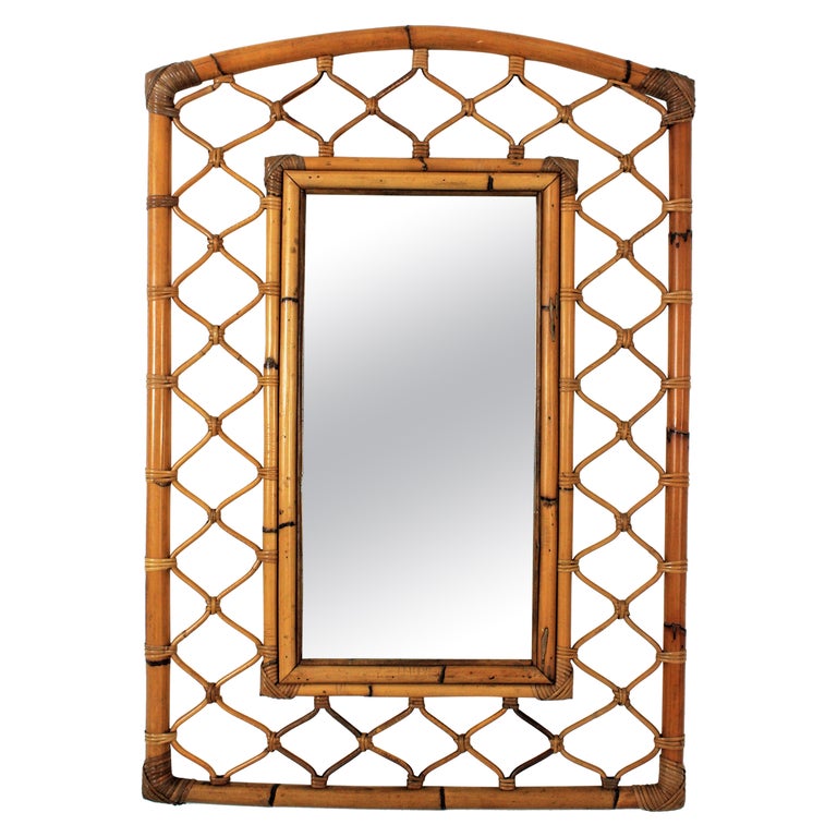 Rattan Bamboo Rectangular Large Mirror with Grid Frame, 1960s For Sale ...