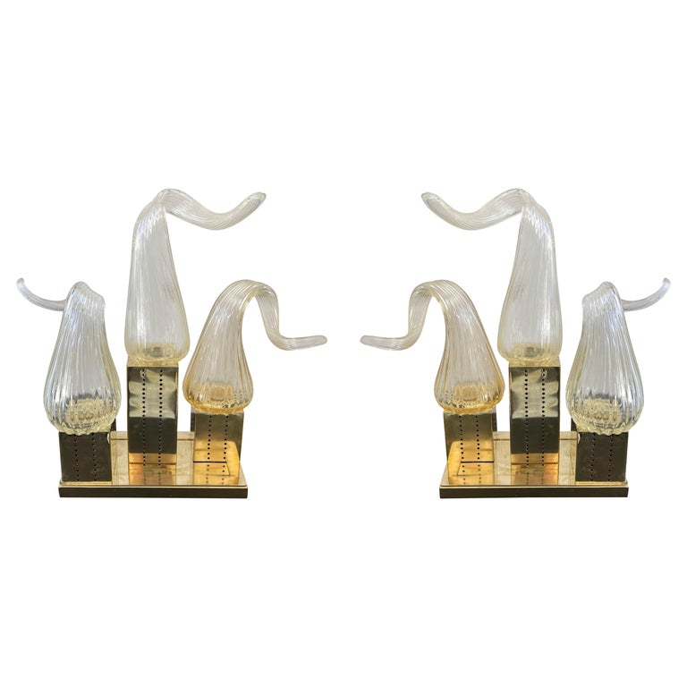 Contemporary Pair of Brass Murano Glass Flame Lamps, Italy For Sale at ...