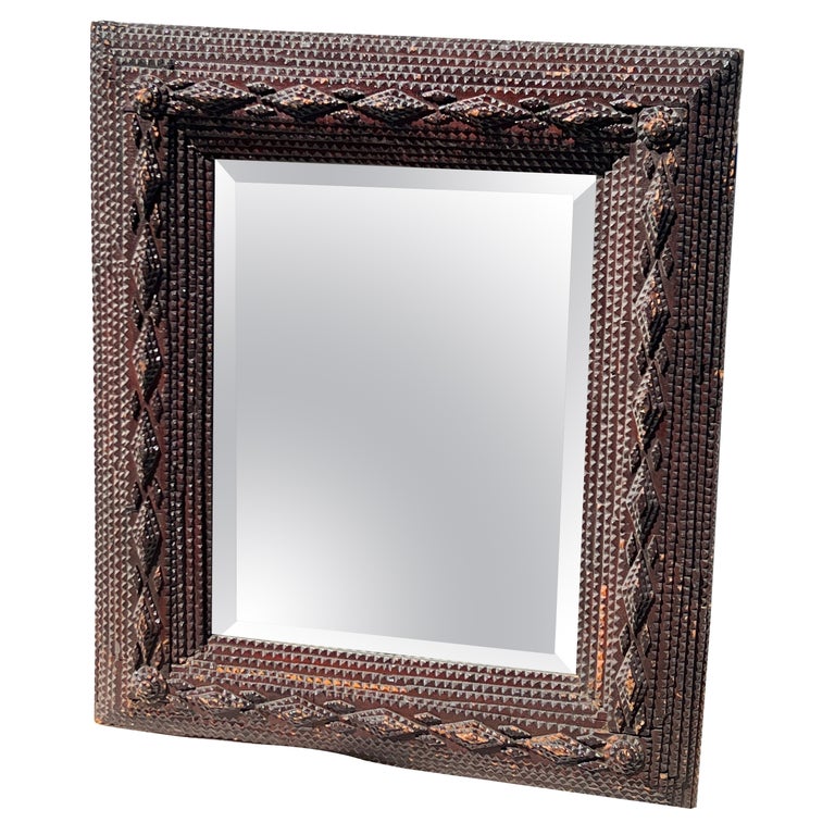 19th Century Tramp Art Frame with Geometric Patterns and Inset Mirror ...