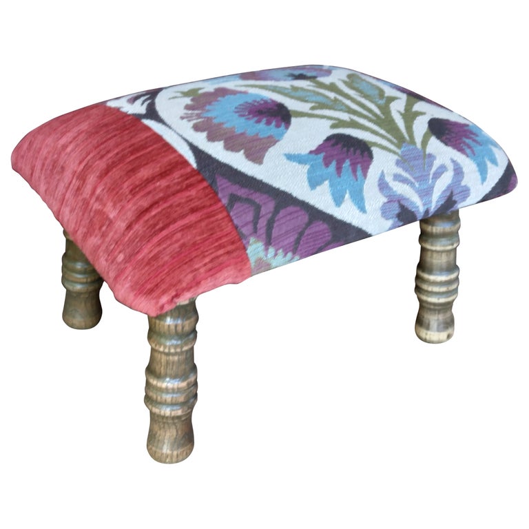 Vintage Botanical Weave and Ribbed Chenille Footstool in Turquoise and ...