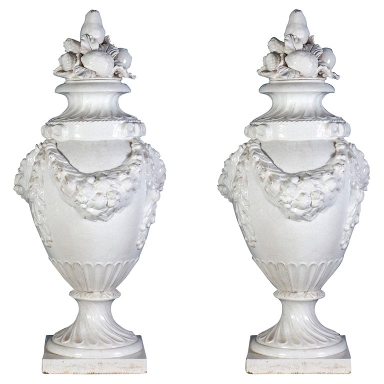 Pair of Large Italian White Ceramic Urn Vases For Sale at 1stDibs