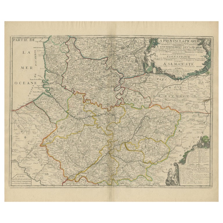 Original Antique Map of the Picardy Region in Northern France, 1694 For ...