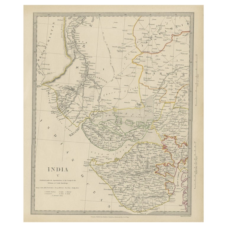 Antique Map of the Region of Gujarat and Cutch in India, 1833 For Sale ...