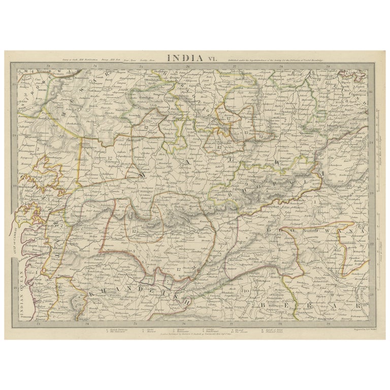 Detailed Antique Map of the Region of Malwa in India, 1833 For Sale at ...