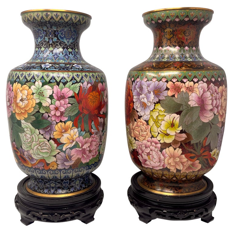 Pair Antique Japanese Cloisonné Enamel Porcelain Urns, Circa 1910-1920 ...