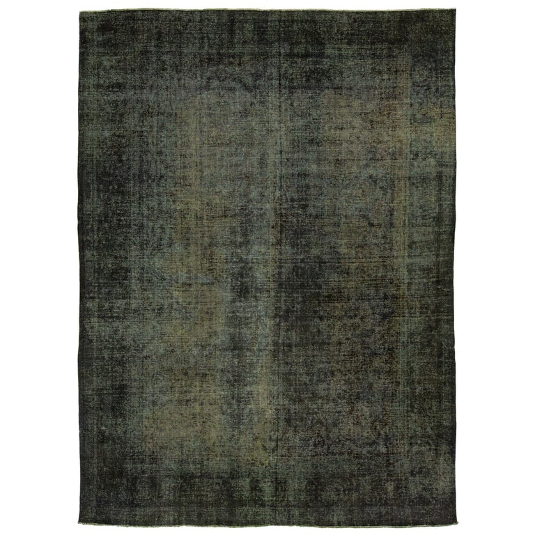 Vintage Overdyed Green Handmade Allover Designed Wool Rug For Sale at 1stDibs