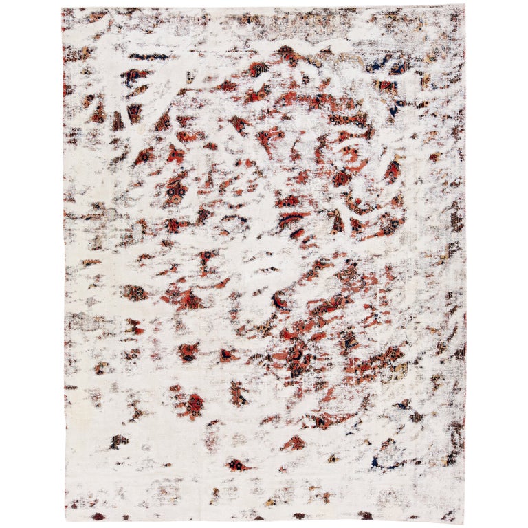 Vintage Overdyed Handmade Allover Designed Ivory And Rust Wool Rug For ...