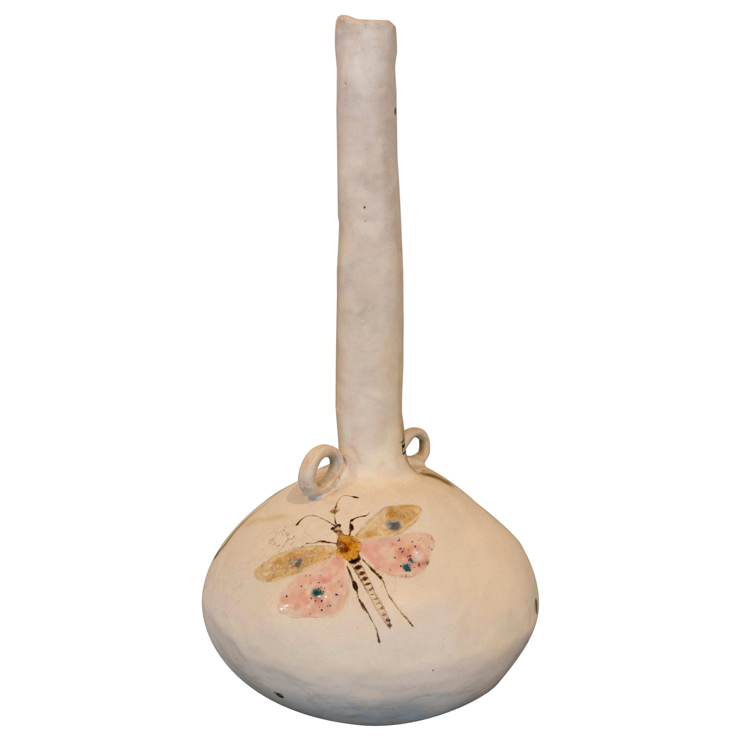 Modern Designer Spanish White Ceramic Vase w/ Hand Painted Insects and ...